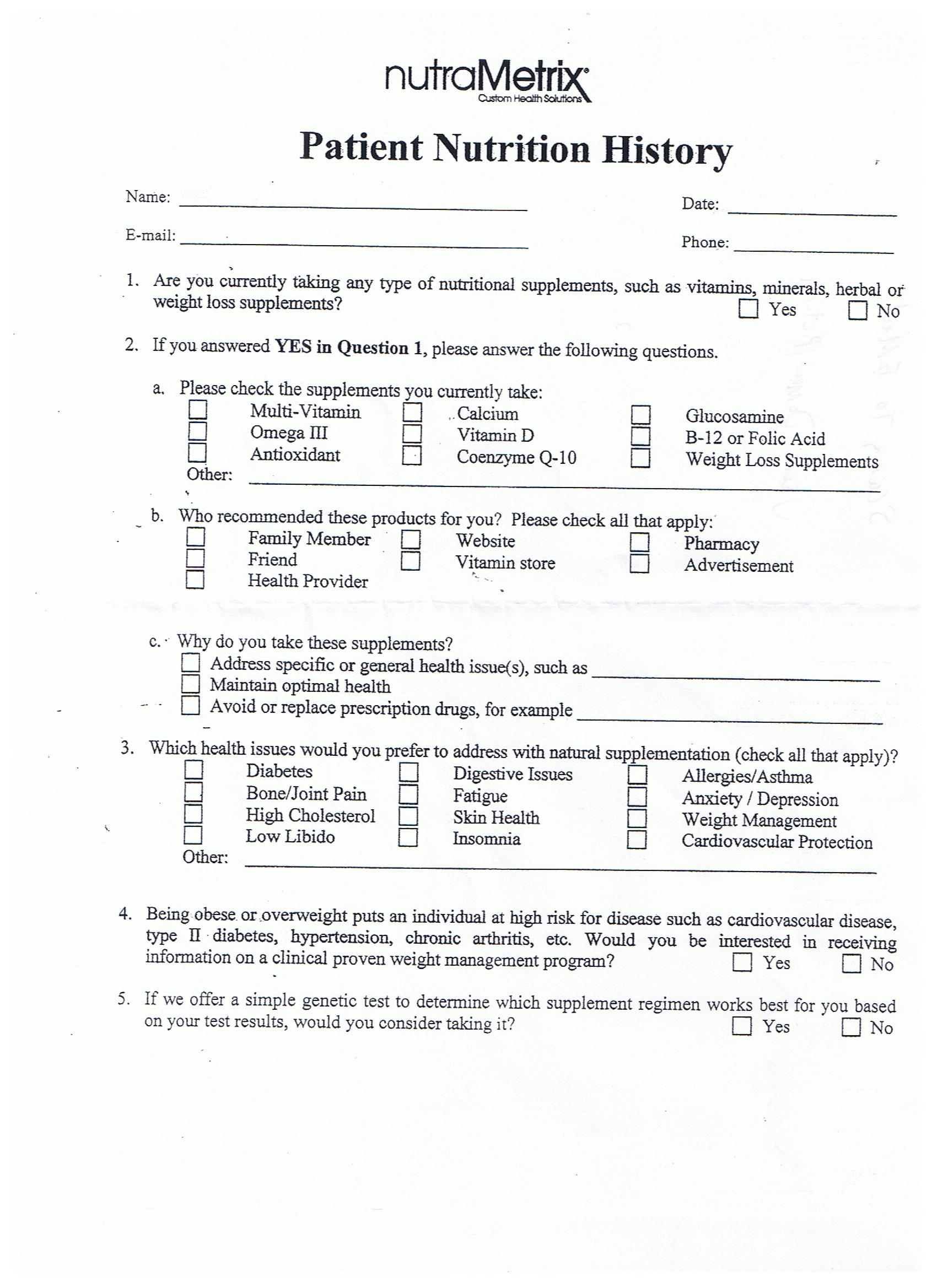 NUTRITION HISTORY | Chiropractic Family & Sports Injury Center